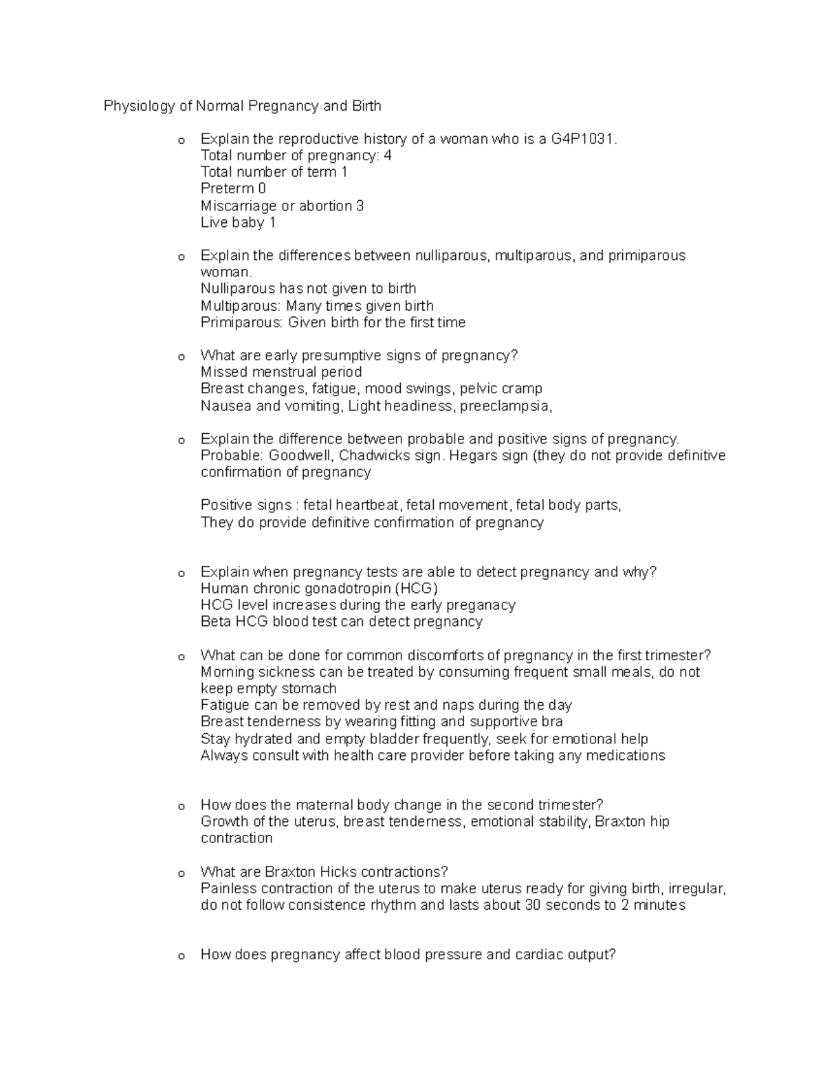 Review questions normal pregnancy - Physiology of Normal Pregnancy and ...