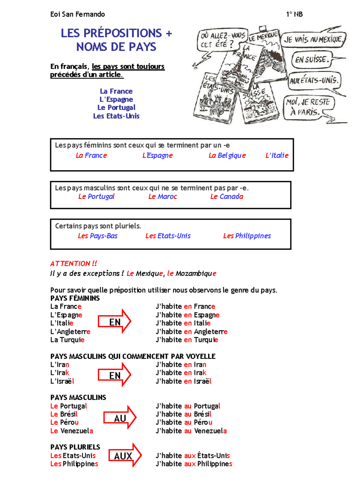 Prépositions Villes Et Pays , Exercice prépositions et pays ( au, aux ...