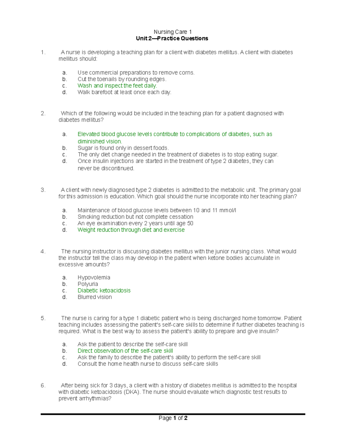Unit 2-Practice Questions-Instructor - Nursing Care 1 Unit 2—Practice ...