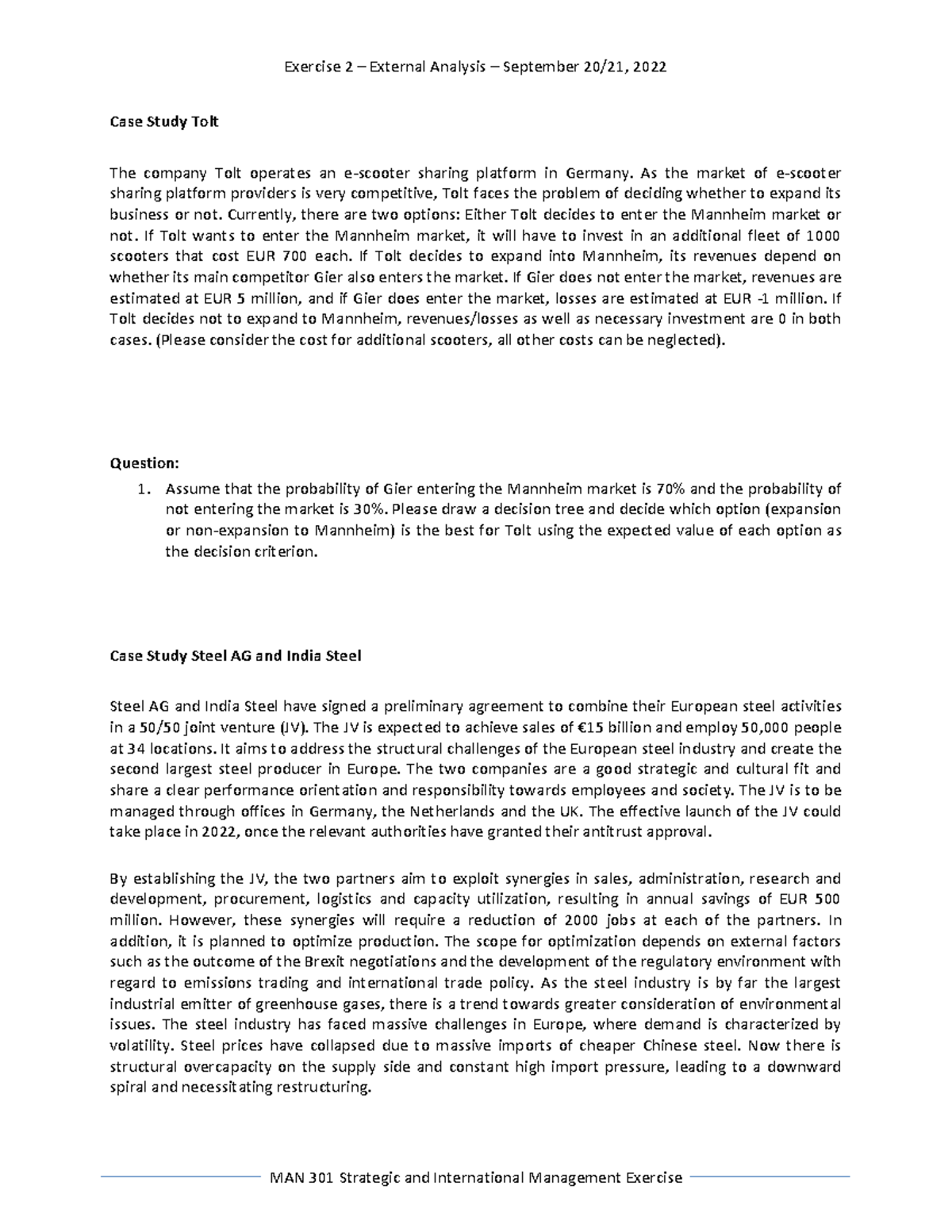 MAN 301 Chapter 2 - Case Study Exercise - Exercise 2 3 External ...