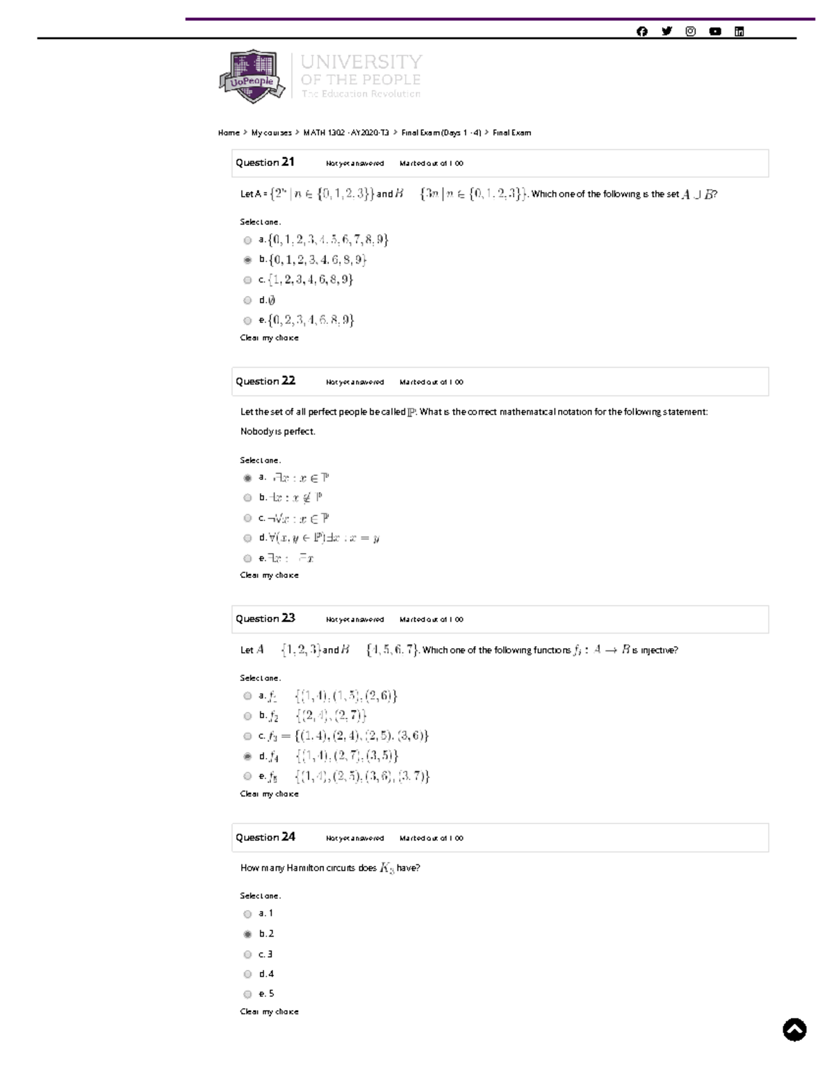 Final Exam Part 3 - Question 21 Not yet answered Marked out of 1. Let A ...