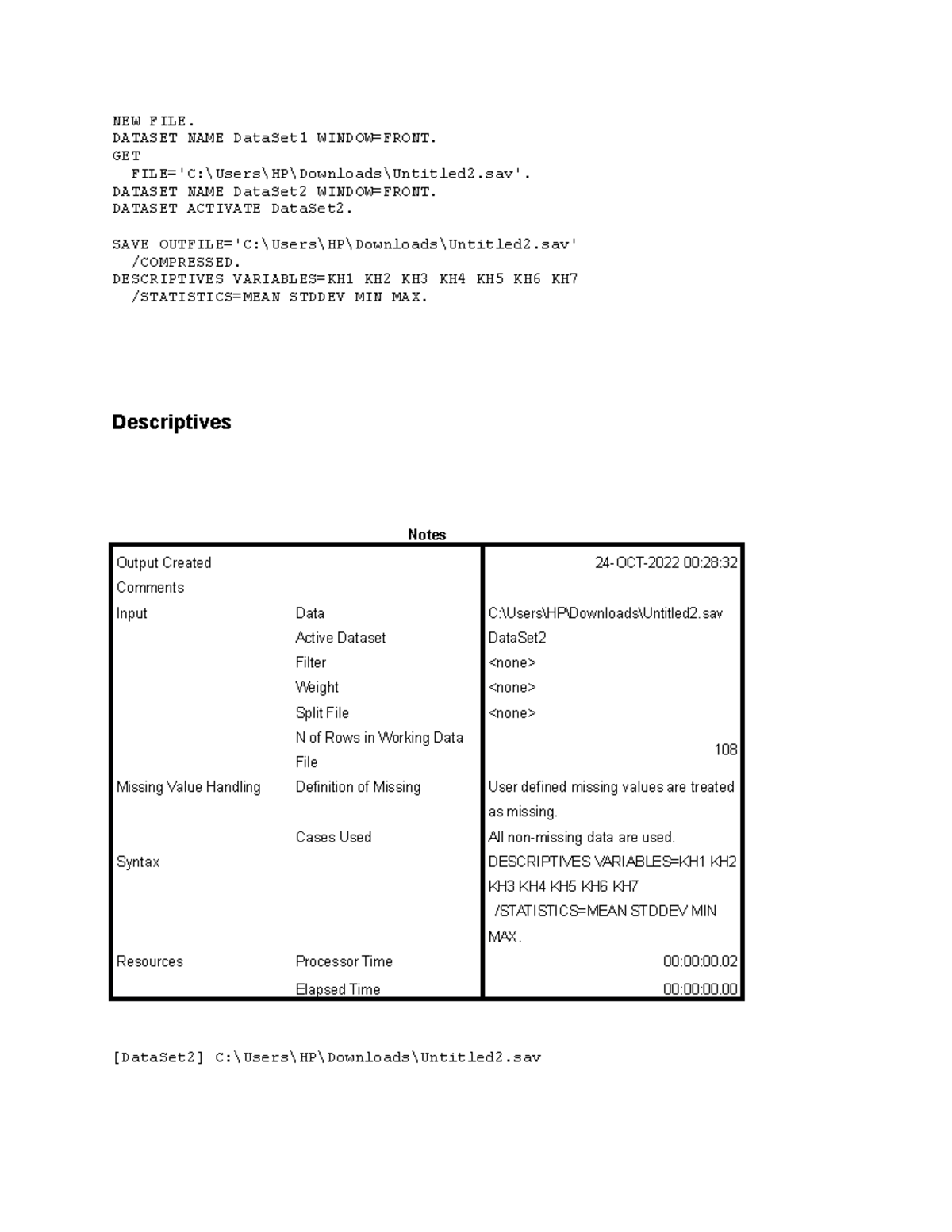 Output - NEW FILE. DATASET NAME DataSet1 WINDOW=FRONT. GET FILE='C:\Users\HP\Downloads\Untitled2 ...