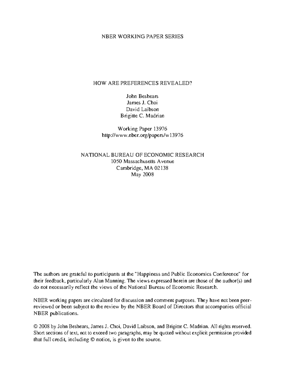 How are preferences Revealed - NBER WORKING PAPER SERIES HOW ARE ...
