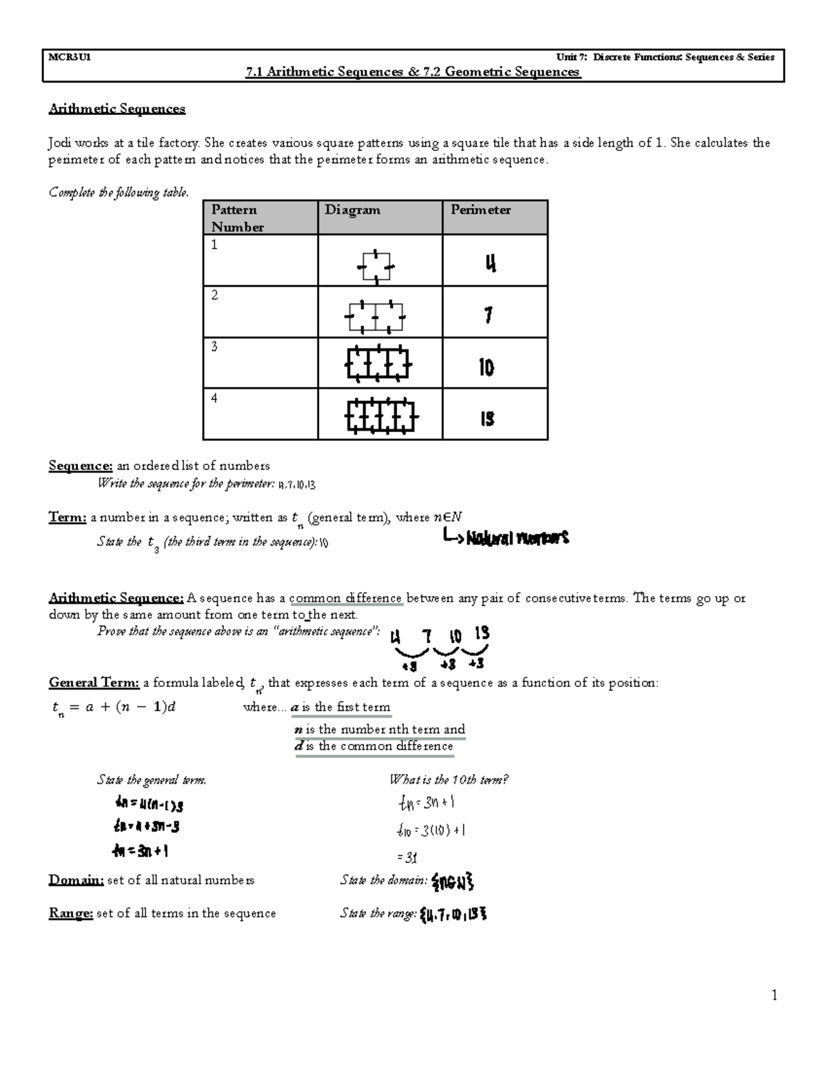 MCR3U1 - Unit 7 Lesson Package - MCR 3 U 1 Unit 7 : Discrete Functions: Sequences & Series 7. 1 ...