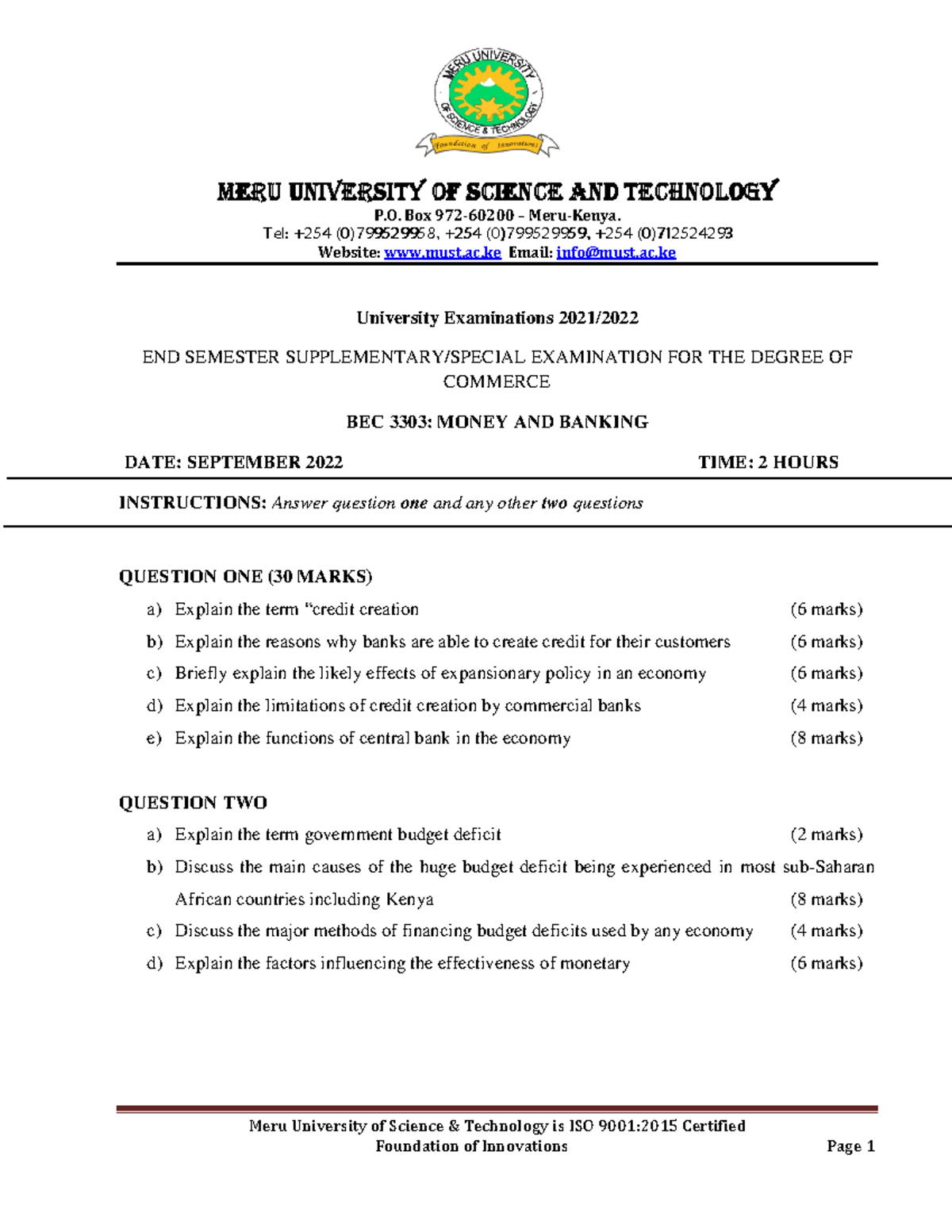 BEC 3303 Money AND Banking - Meru University of Science & Technology is ...