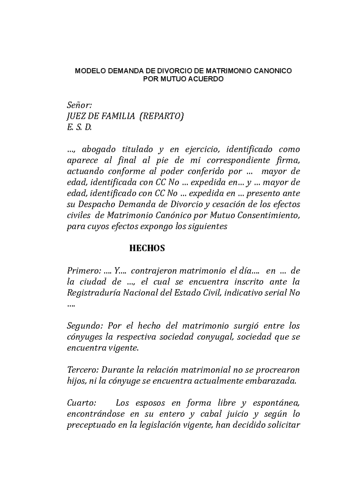 Demanda DE Divorcio DE Matrimonio Canonico POR Mutuo Acuerdo - MODELO DEMANDA DE DIVORCIO DE ...