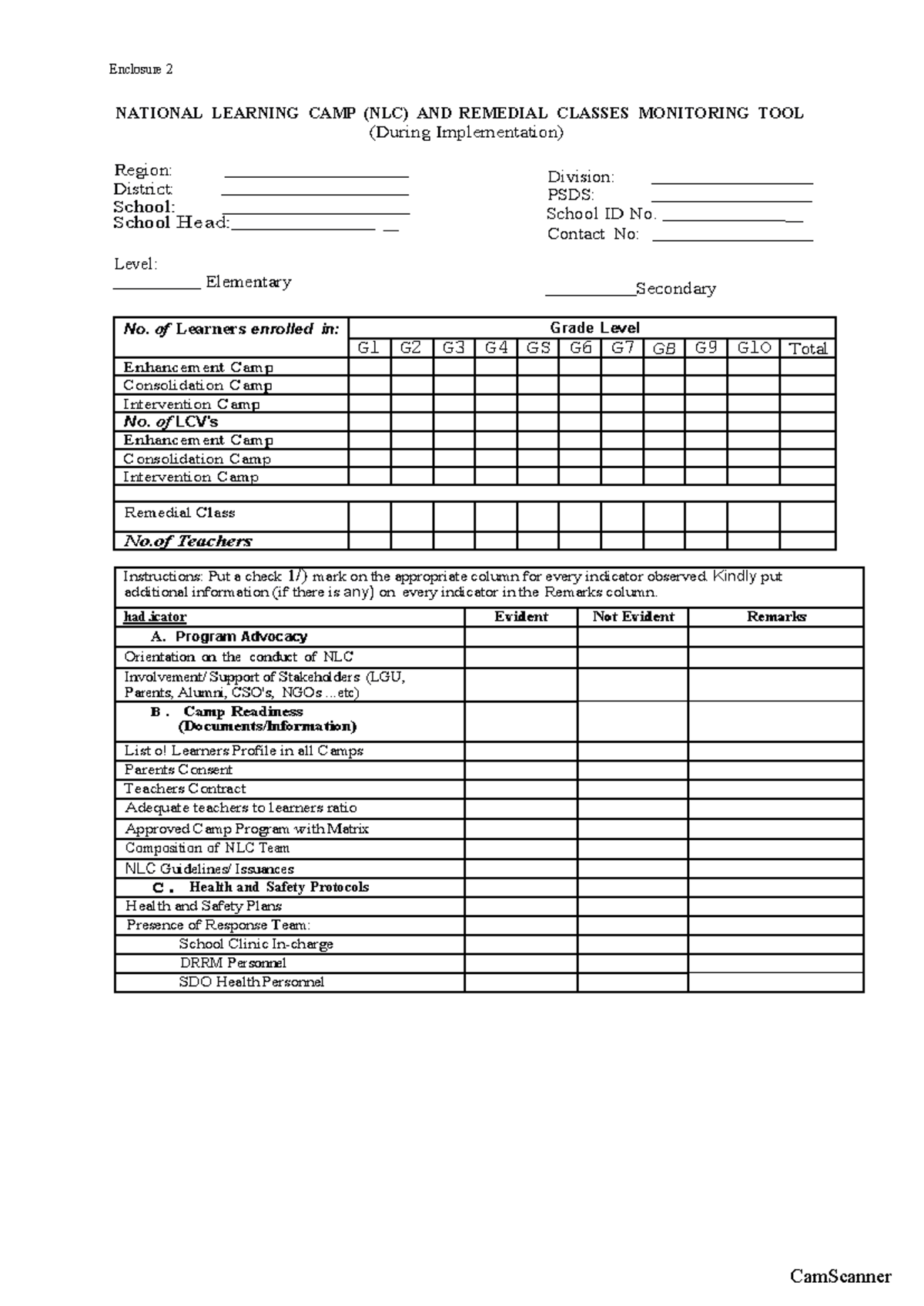 NATIONAL LEARNING CAMP (NLC) AND REMEDIAL CLASSES MONITORING TOOL ...