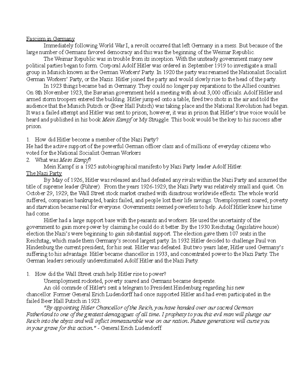 Quest. Fascism in Germany - Nazi - Fascism in Germany Immediately ...