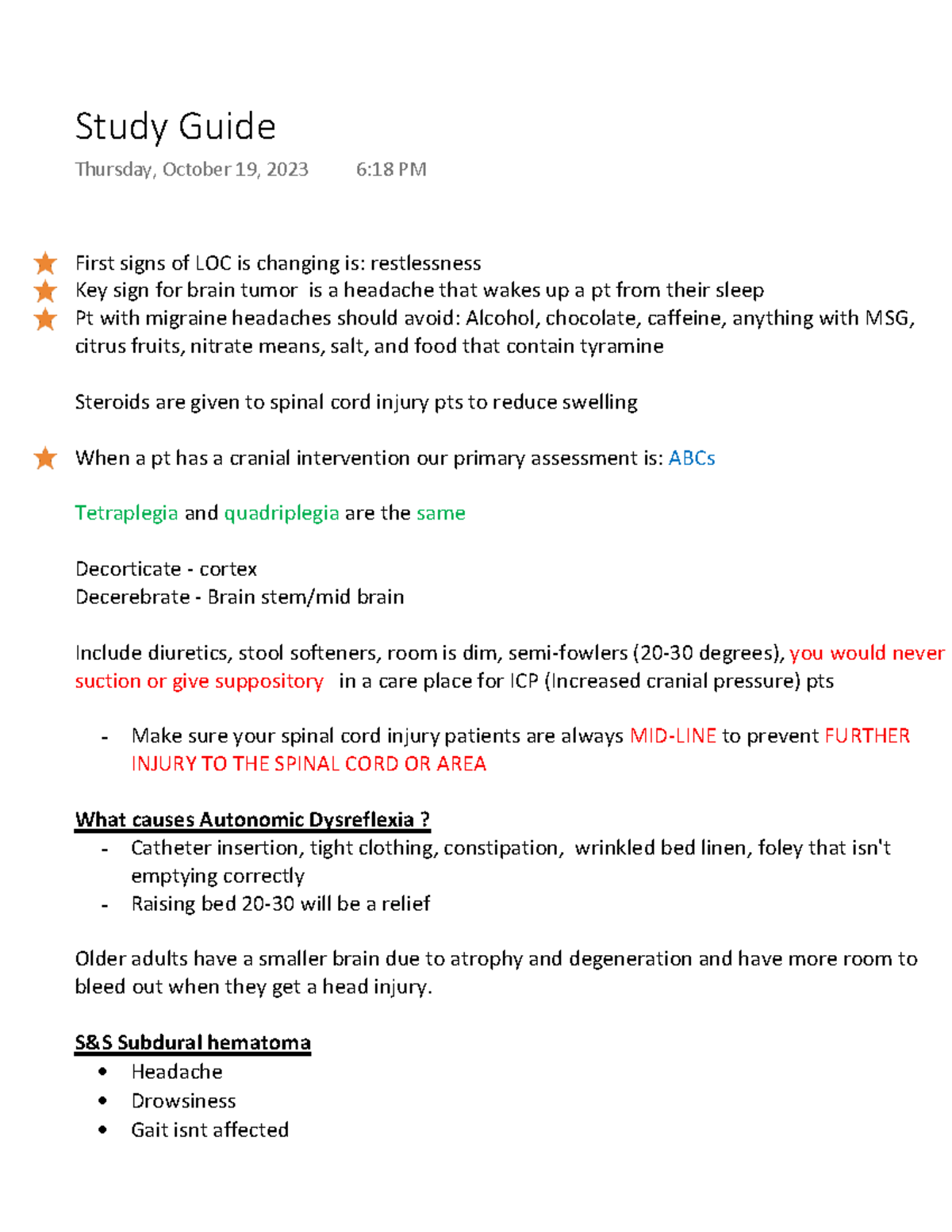 Study Guide - First signs of LOC is changing is: restlessness Key sign ...