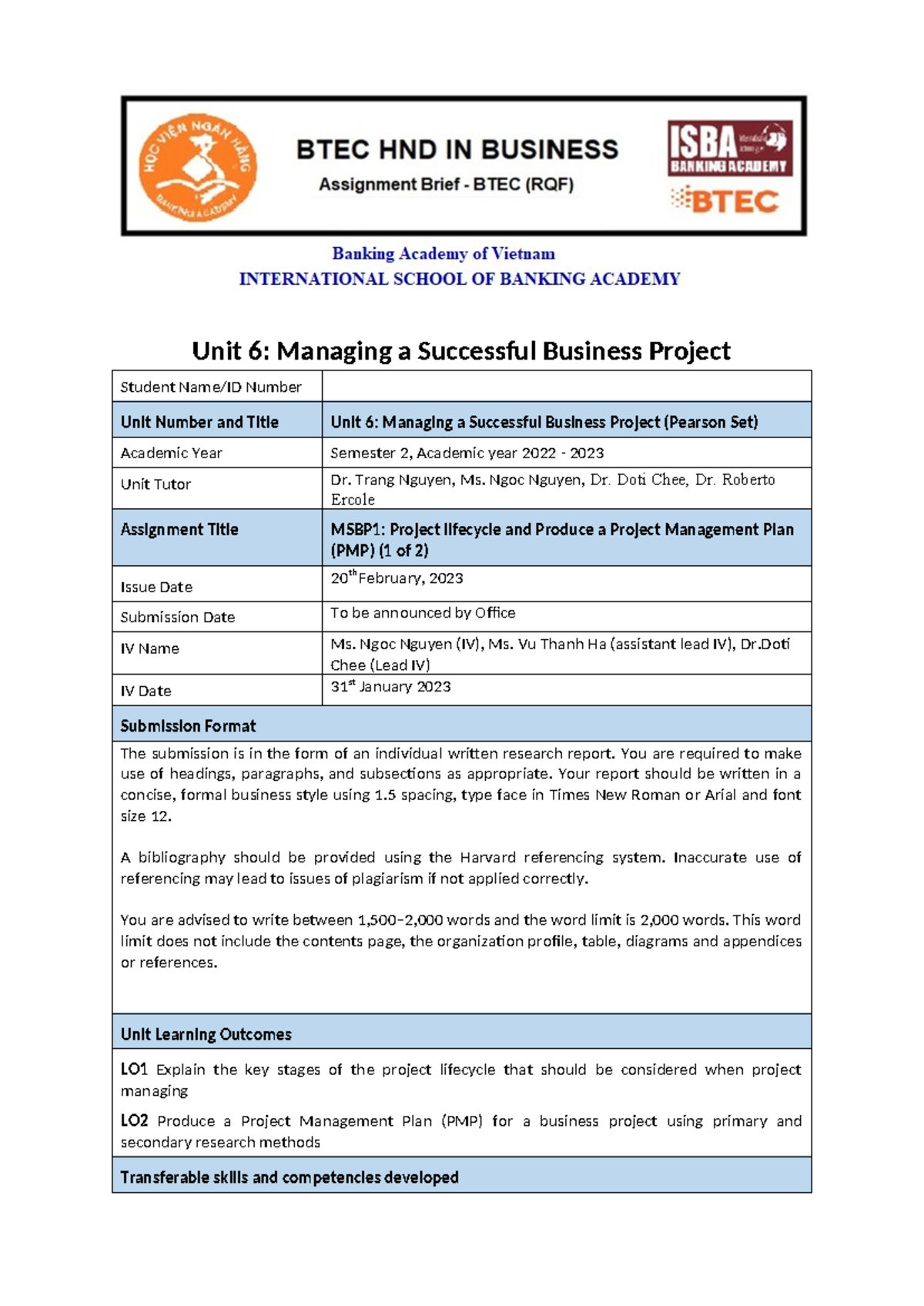 Final Unit 6. MSBP Assignment 1 of 2 - Jan 2023 - Unit 6: Managing a ...