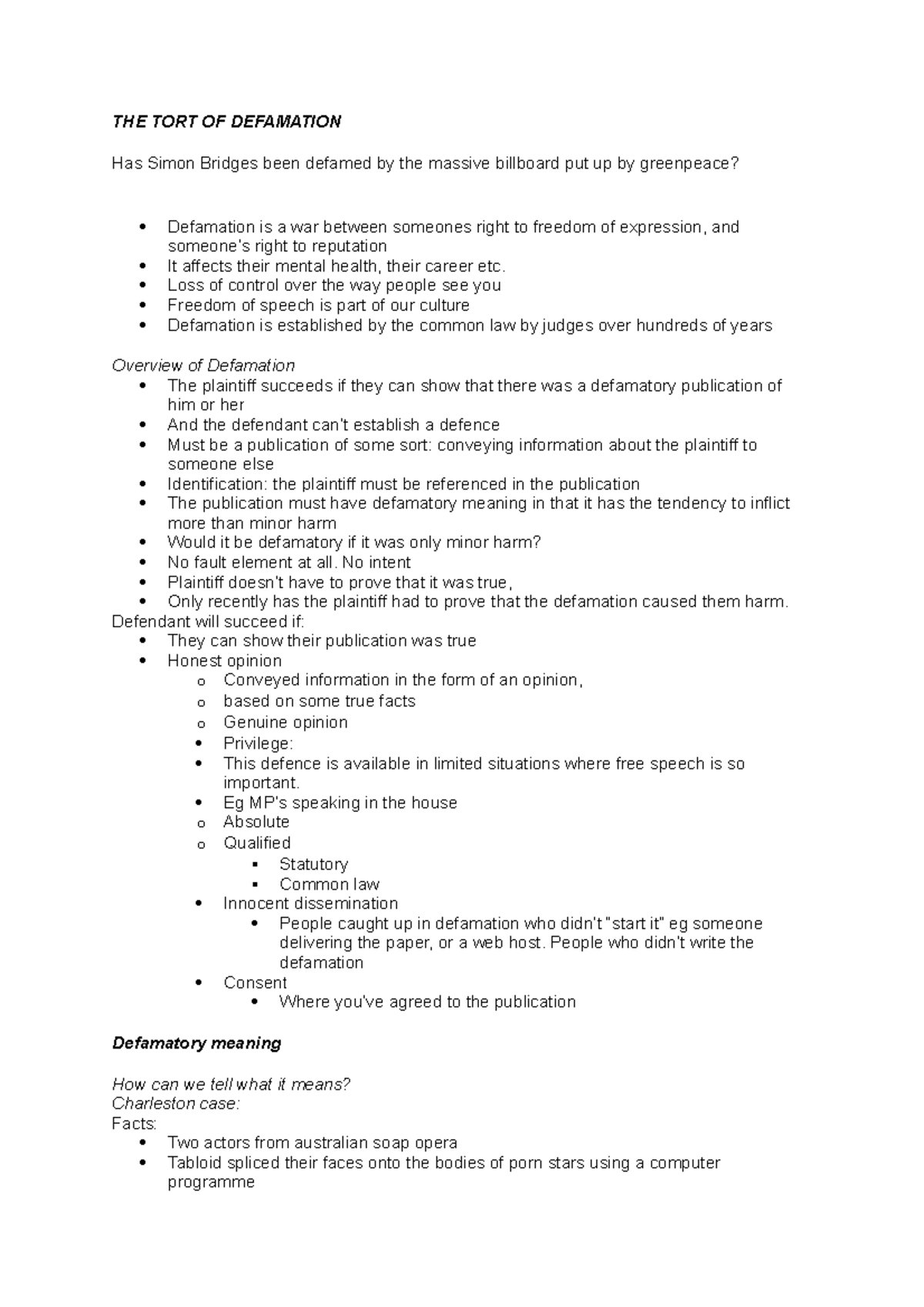 Defamation lecture notes 2021 - THE TORT OF DEFAMATION Has Simon ...