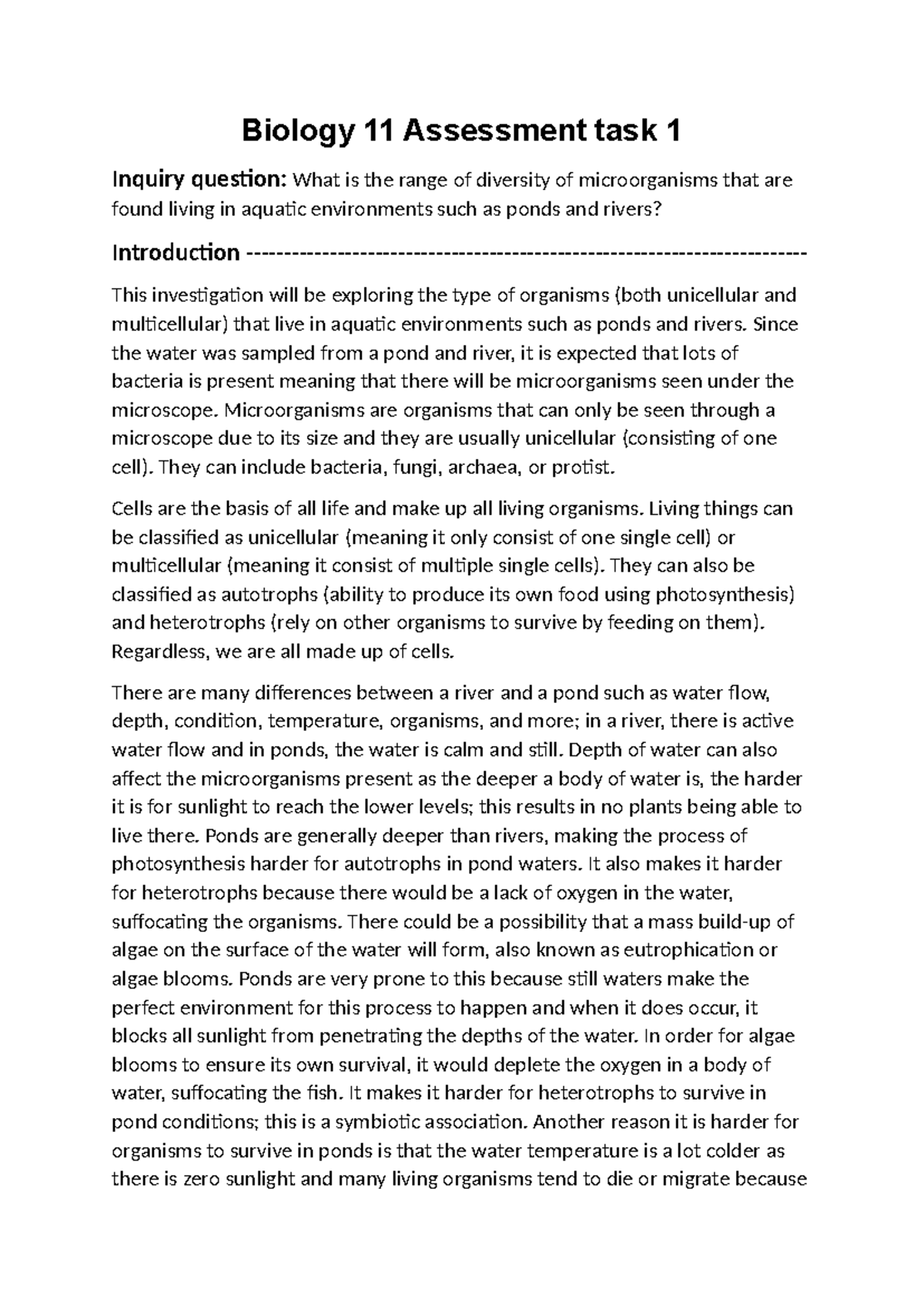 Biology 11 Assessment Task 1 - Biology 11 Assessment task 1 Inquiry ...