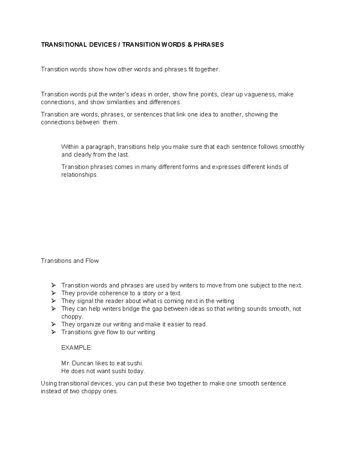 Transitional Devices - TRANSITIONAL DEVICES / TRANSITION WORDS & PHRASES Transition words show ...