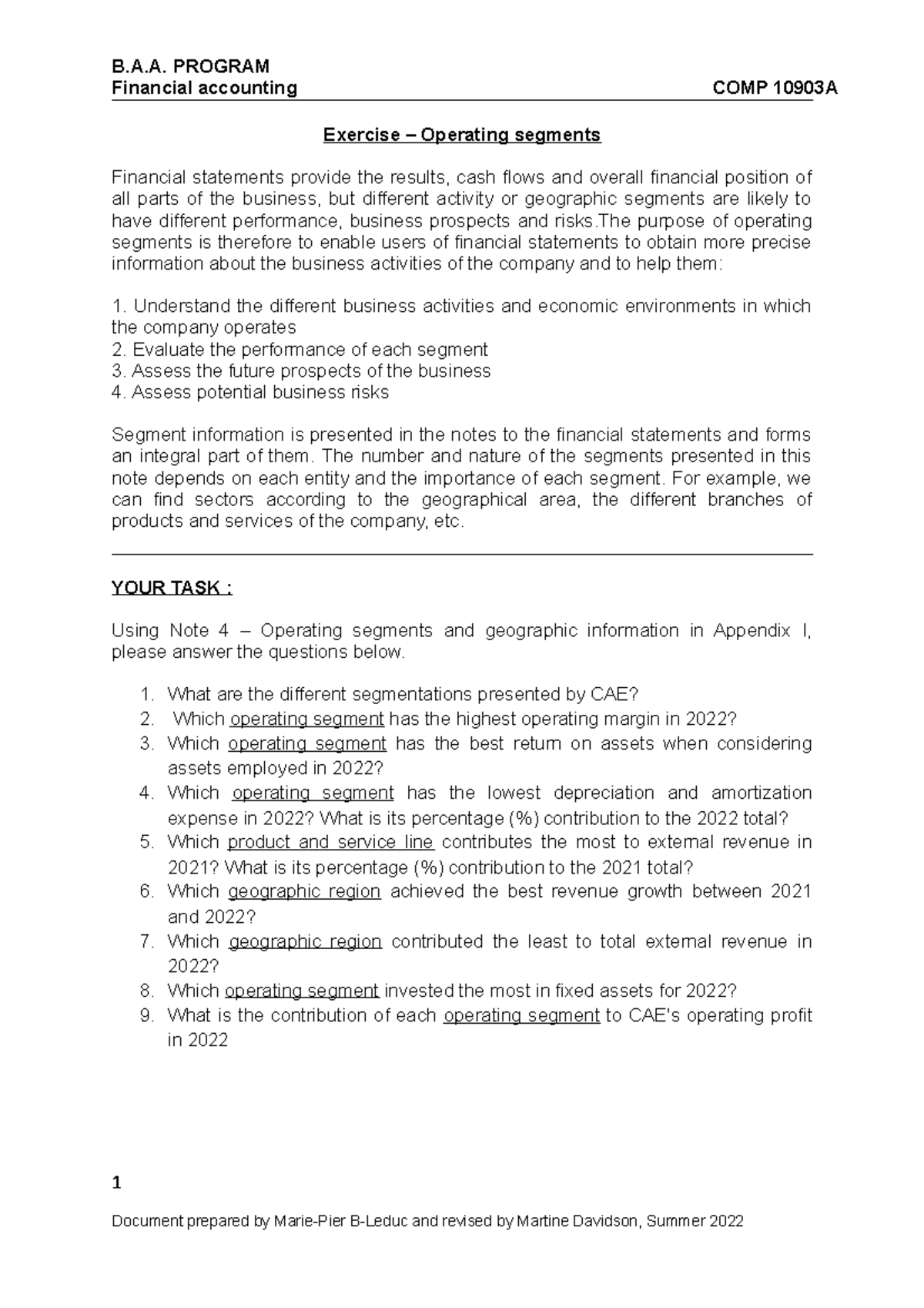 Exercise - Operating segments - B.A. PROGRAM Financial accounting COMP 10903A Exercise ...