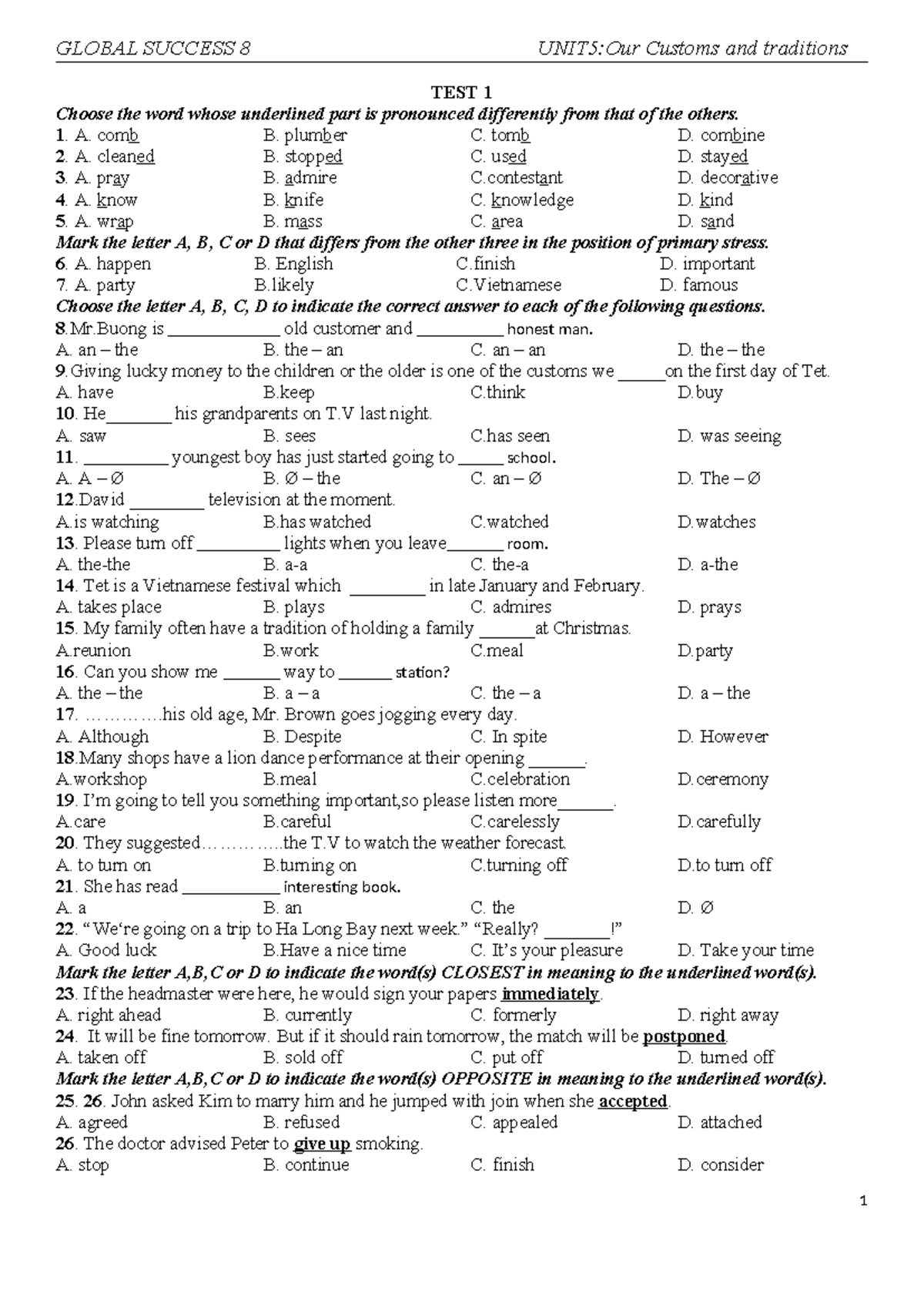 UNIT 5 - Practice TEST - oke - GLOBAL SUCCESS 8 UNIT5:Our Customs and ...