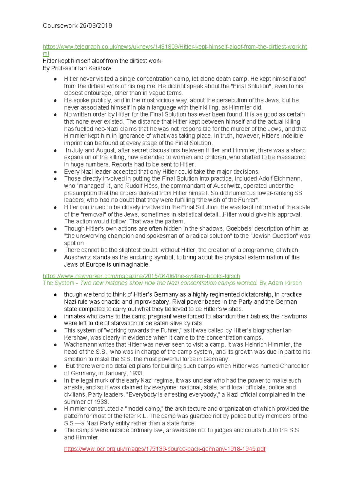 Coursework - points from different sources that can be used to help ...