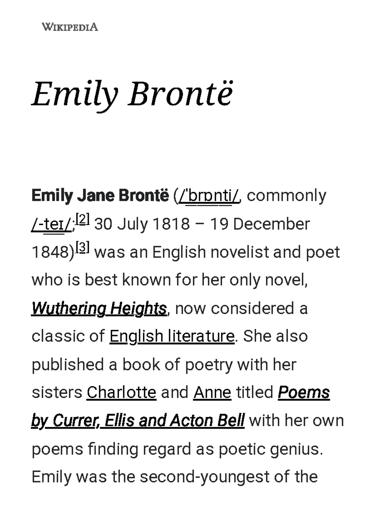 Emily Brontë - Wikipedia - Emily Brontë Emily Jane Brontë (/ˈbrɒnti ...