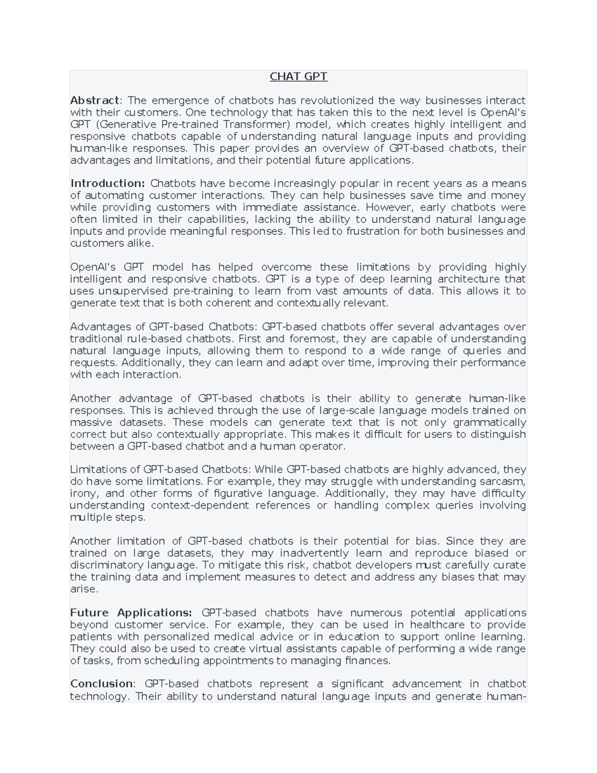 Chatgpt - its good - CHAT GPT Abstract: The emergence of chatbots has ...