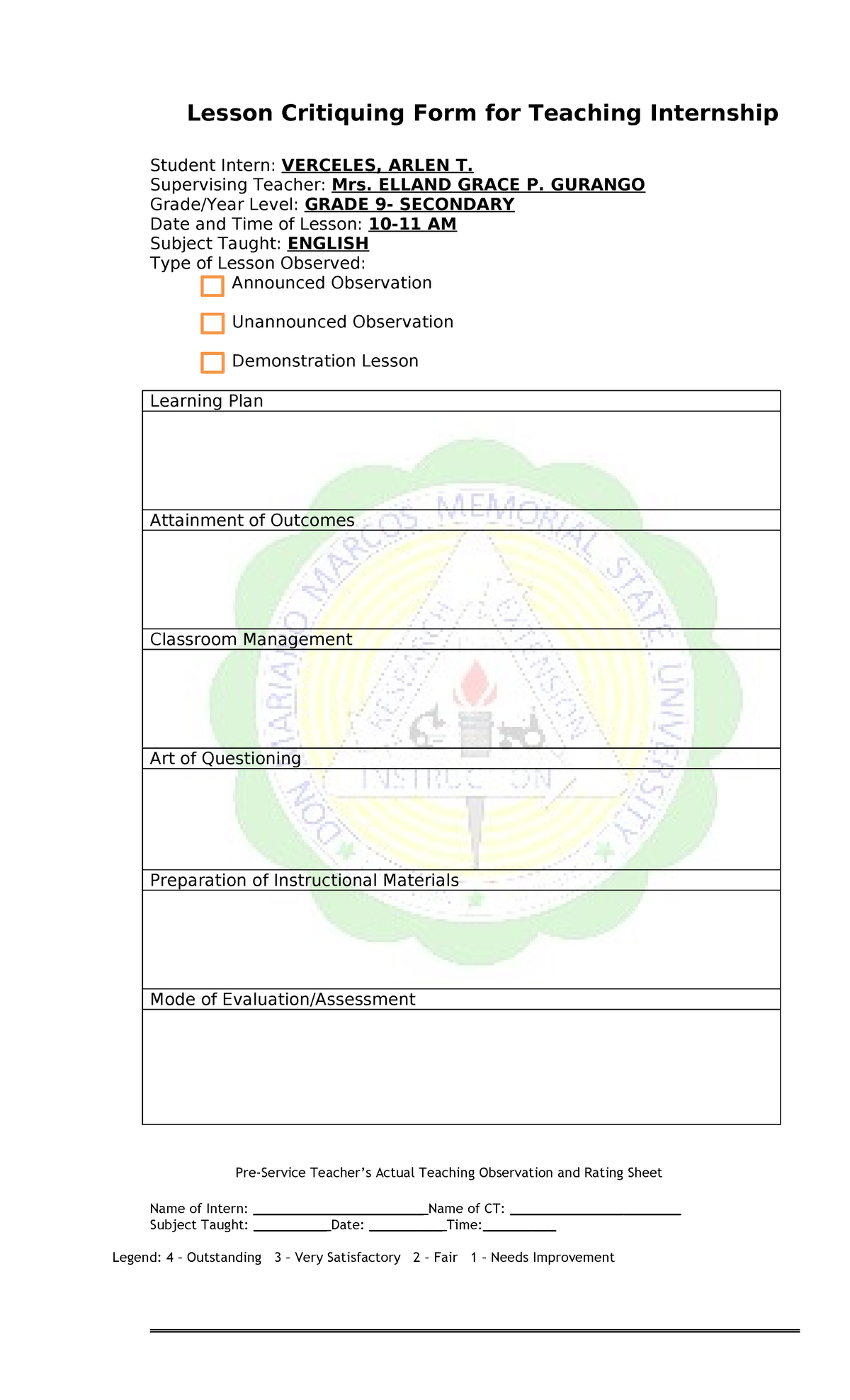 Evaluation- Sheet DEMO-1 - Lesson Critiquing Form for Teaching ...