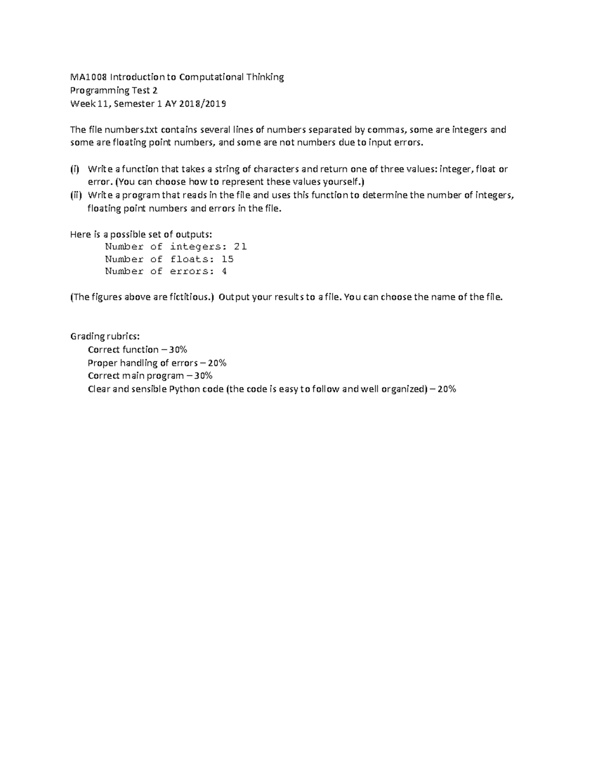 Ma1008 Programming Test 2 Thursday 1330 Ma1008 Introduction To