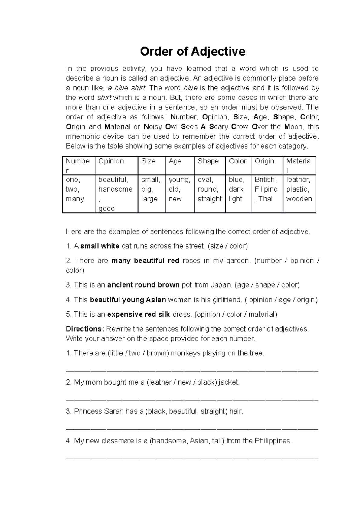 Order of adjectives - An activity for ESL Students - Order of Adjective ...