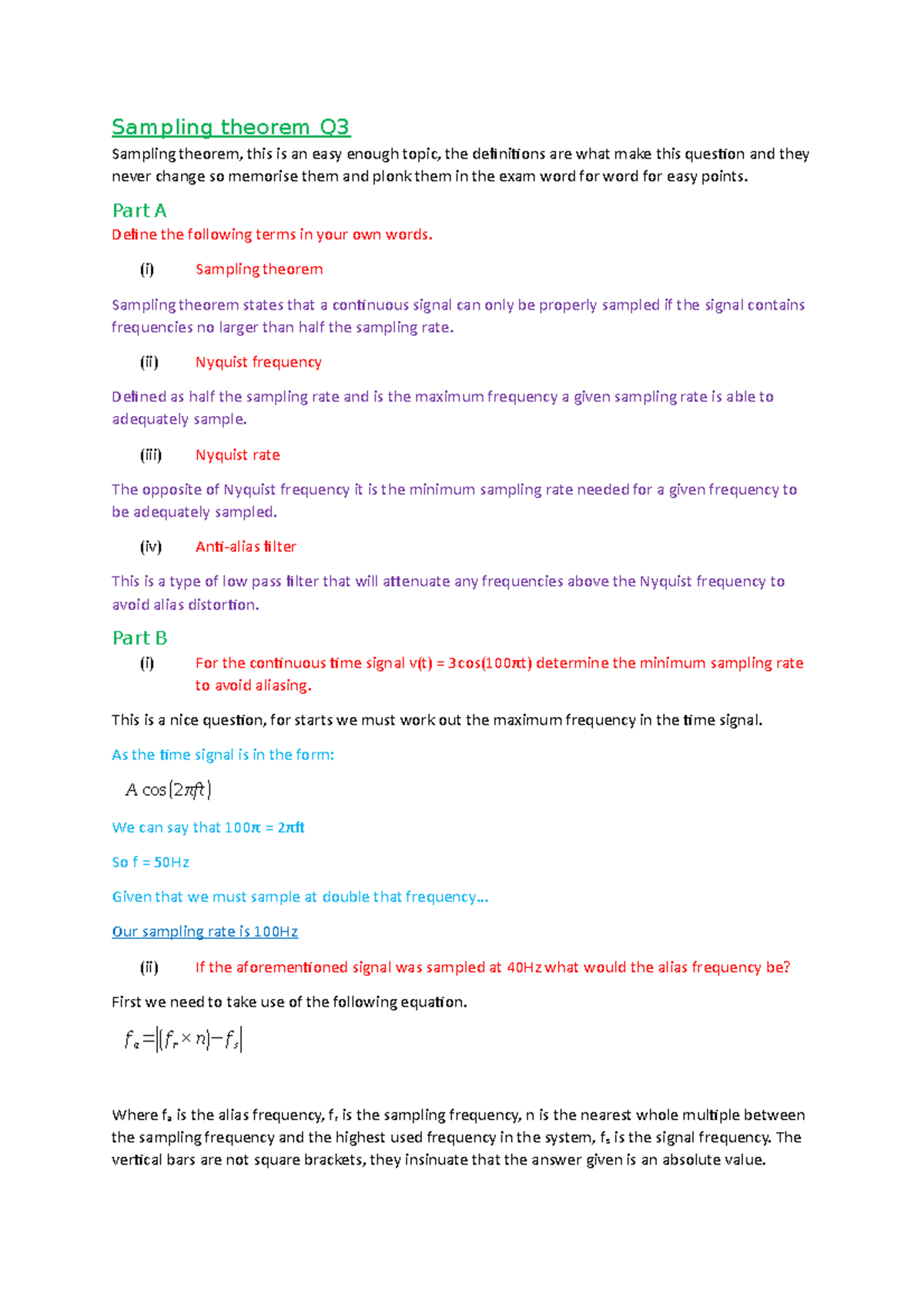 Systems 3 - Tutorial for exam style questions - Sampling theorem Q ...