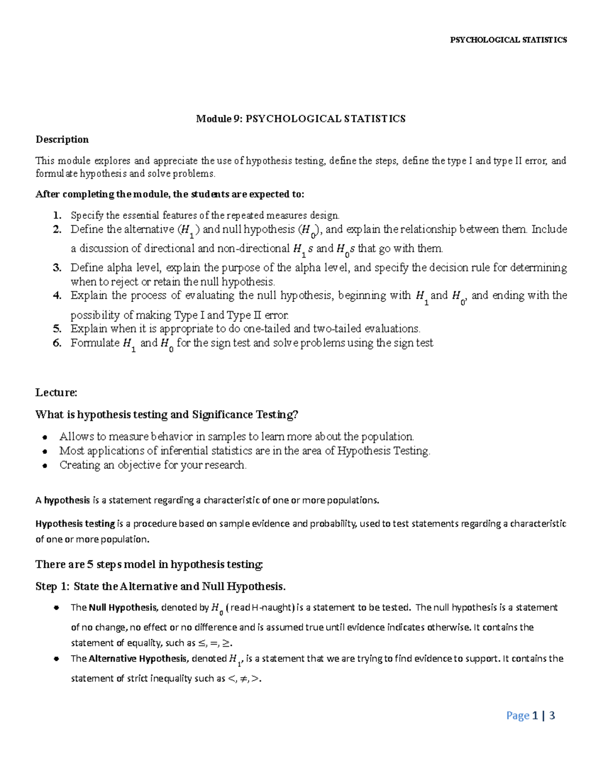 Module 9 Psychological Statistics - PSYCHOLOGICAL STATISTICS Module 9 ...