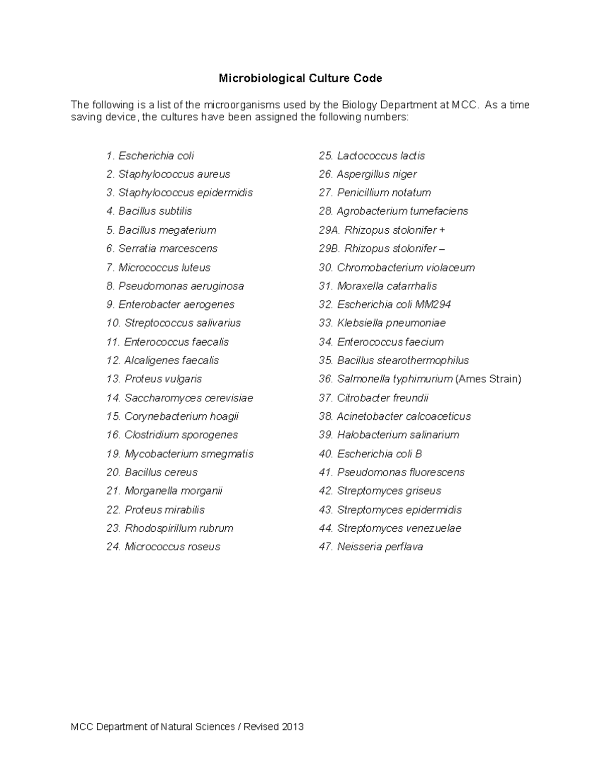 Culture Code - Microbiological Culture Code The following is a list of ...