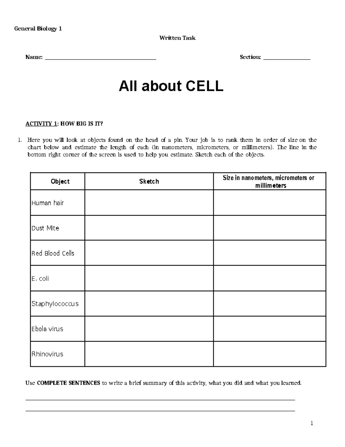 Cells exploration activities - General Biology 1 Written Task Name ...