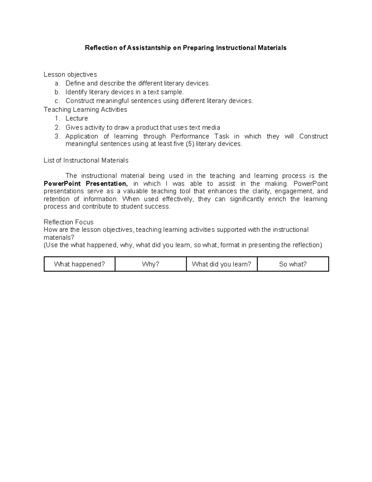 Instructional Materials Assistantship Reflection - Reflection of Assistantship on Preparing ...