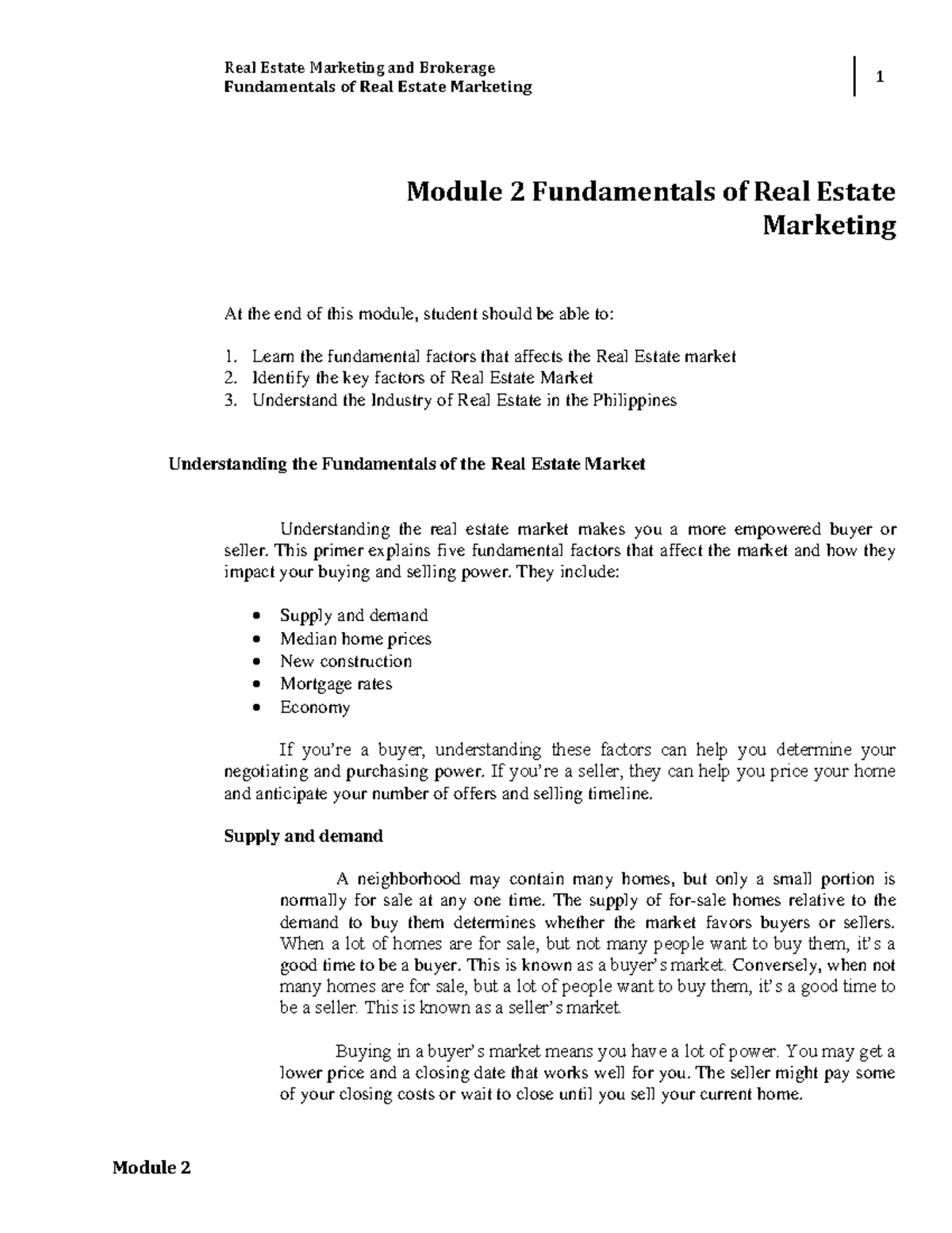 Module 2 Fundamentals of Real State Marketing - Fundamentals of Real ...