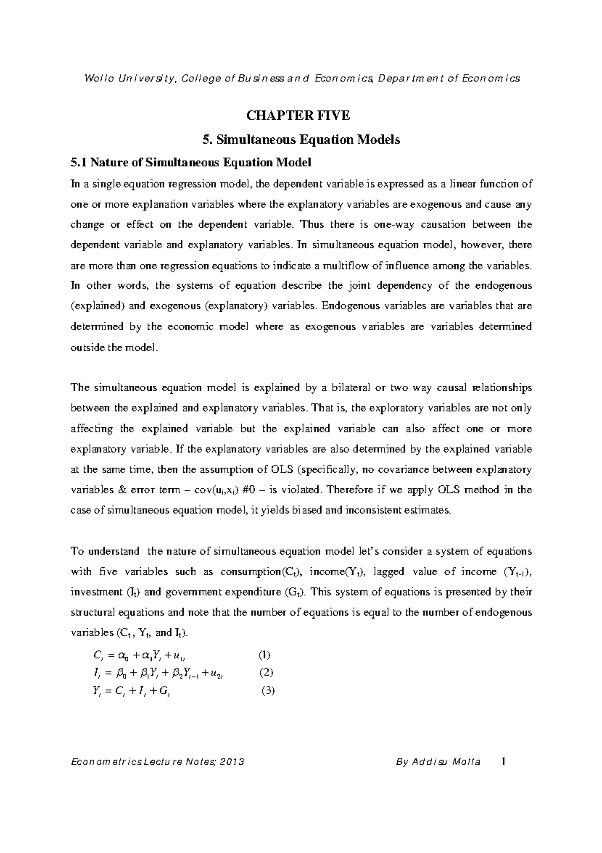 5 - Macro - CHAPTER FIVE 5. Simultaneous Equation Models 5 Nature of ...