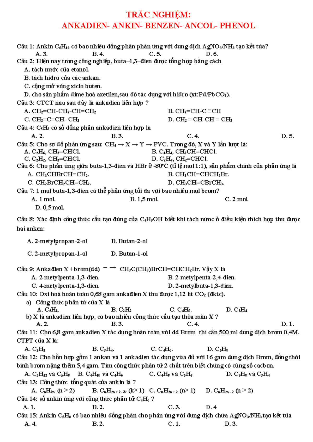 TRẮC NGHIỆM Ankadien Phenol 1 - TRẮC NGHIỆM: ANKADIEN- ANKIN- BENZEN ...
