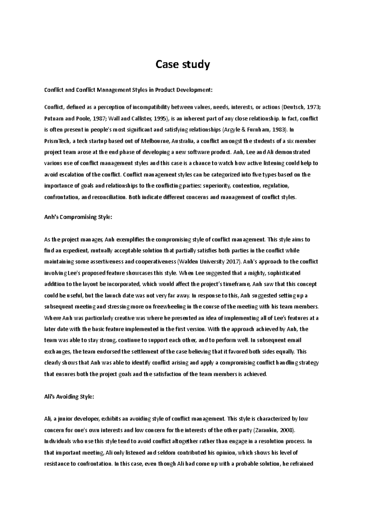 Case study response mgnt 102 (1) - Case study Conflict and Conflict ...