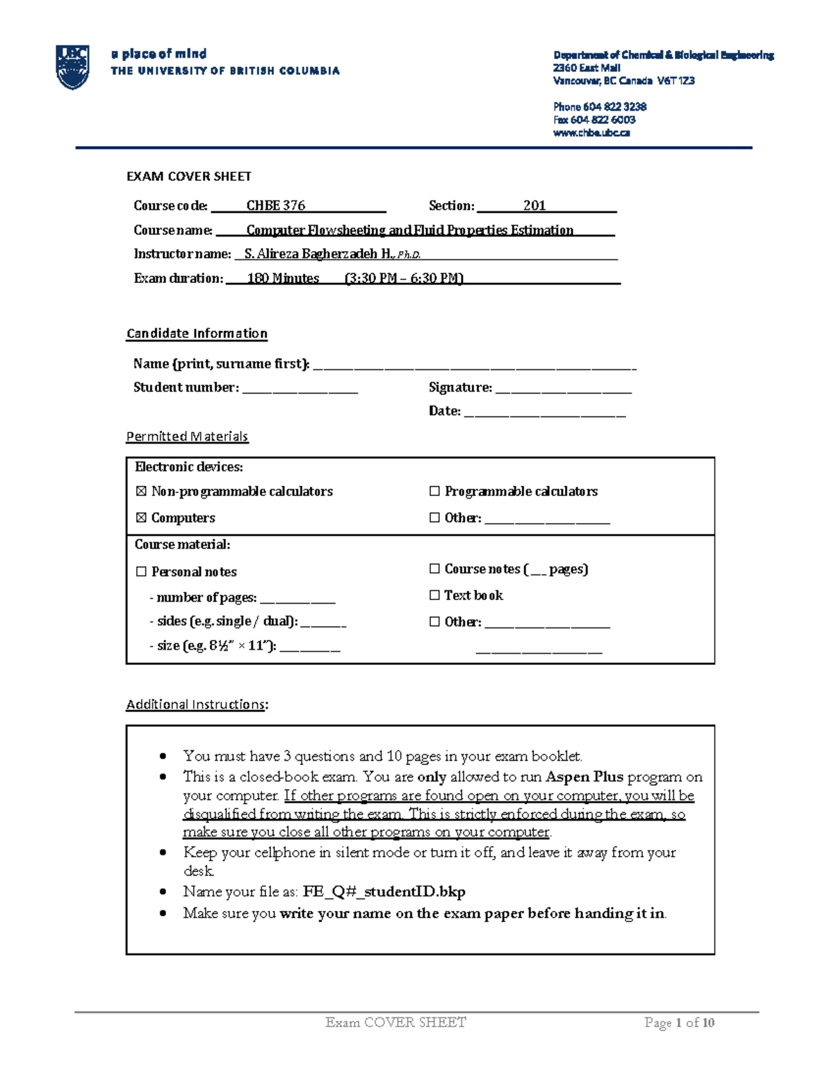 (2016 ) Final Exam - Past Paper 2016 - Exam COVER SHEET Page 1 of 10 ...
