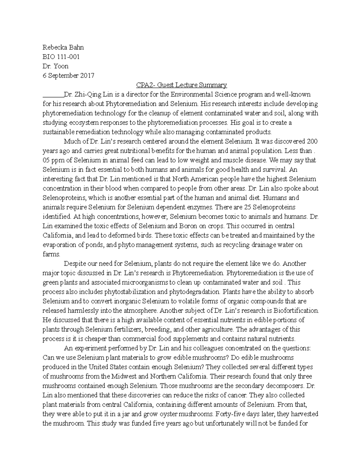 CPA2- Guest Lecture Summary - Rebecka Bahn BIO Dr. Yoon 6 September ...