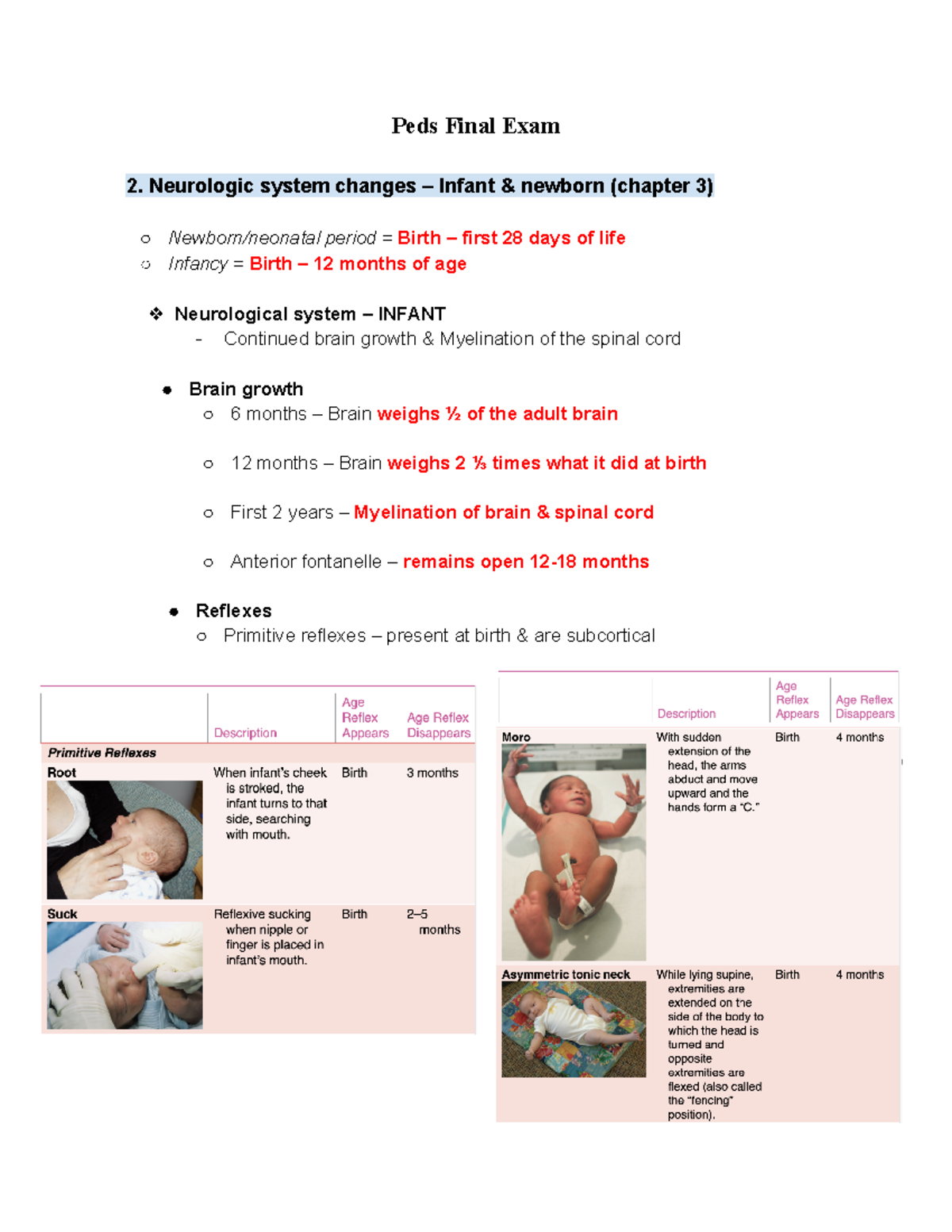 Peds final exam - Peds Final Exam 2. Neurologic system changes – Infant ...
