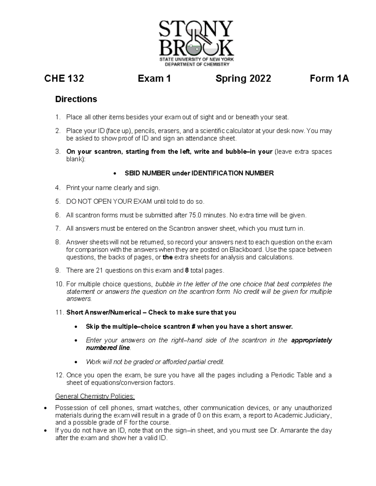 CHE 132 Spring 2022 Exam 1 Version A - CHE 132 Exam 1 Spring 2022 Form ...