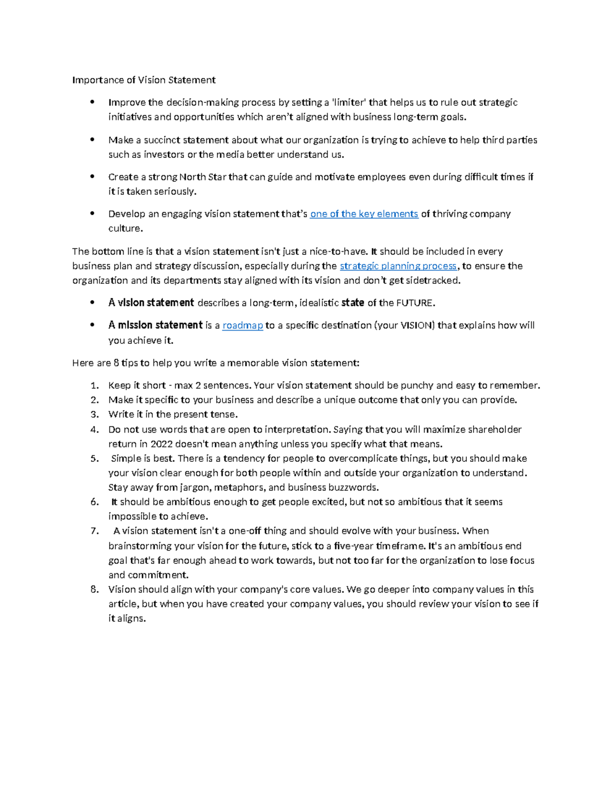 Importance of Vision Statement - Make a succinct statement about what ...