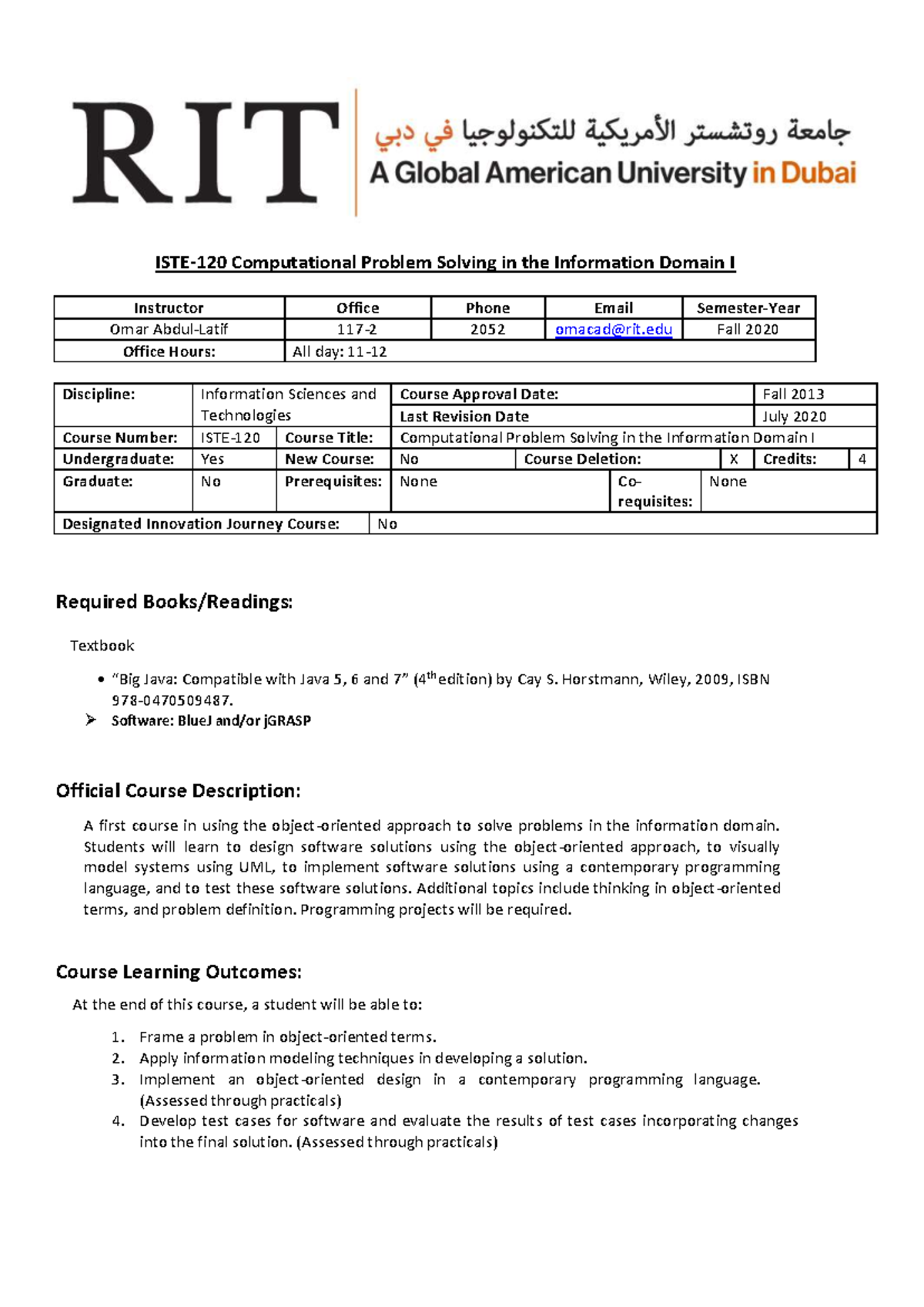 Iste 120 600 Syllabus For Year 2020 Iste 120 Computational Problem Solving In The