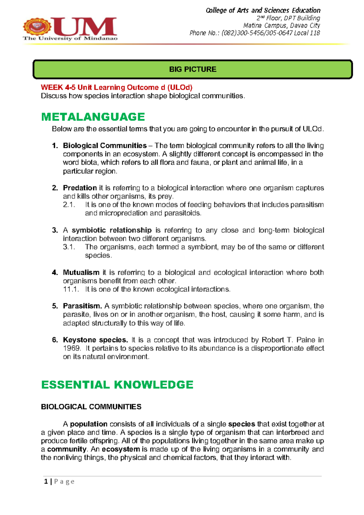 SIM week 4 -5 D - Environmental Science - 2 nd Floor, DPT Building ...