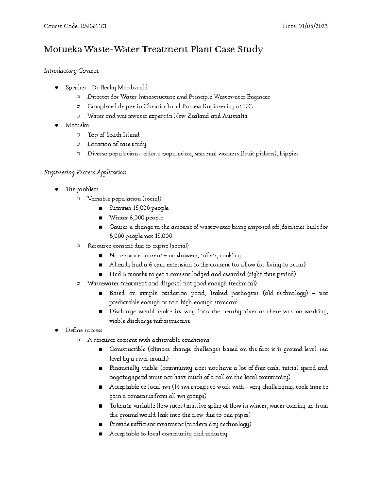 2023 03 01 ENGR101 W2 Notes - Motueka Waste-Water Treatment Plant Case ...