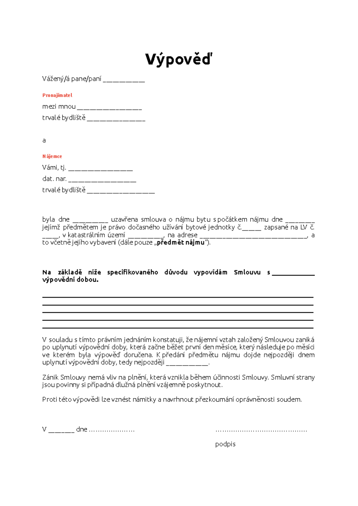 Vypoved – obecny vzor - vzor výpovědi - Výpověď Vážený/á pane/paní _____________ Pronajímatel ...