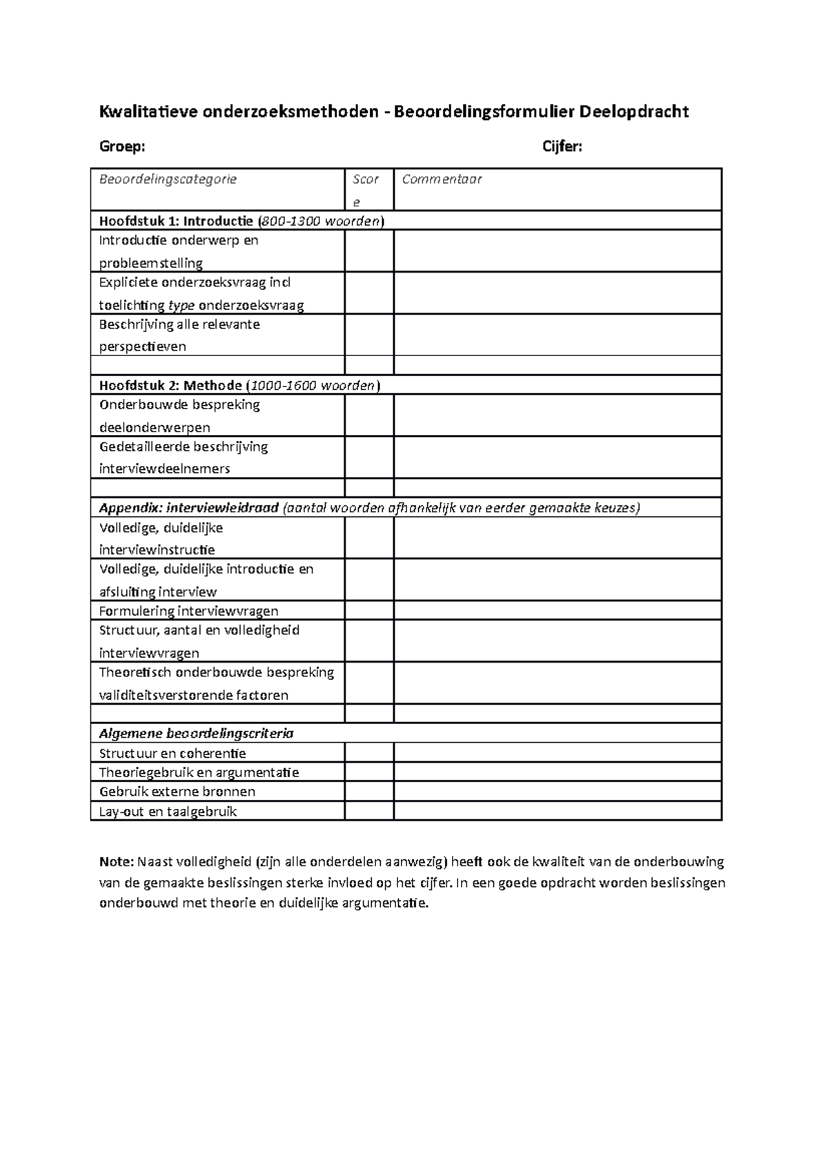 Beoordelingsformulier KOM Deelopdracht 2022-2023 - Kwalitatieve onderzoeksmethoden - - Studeersnel