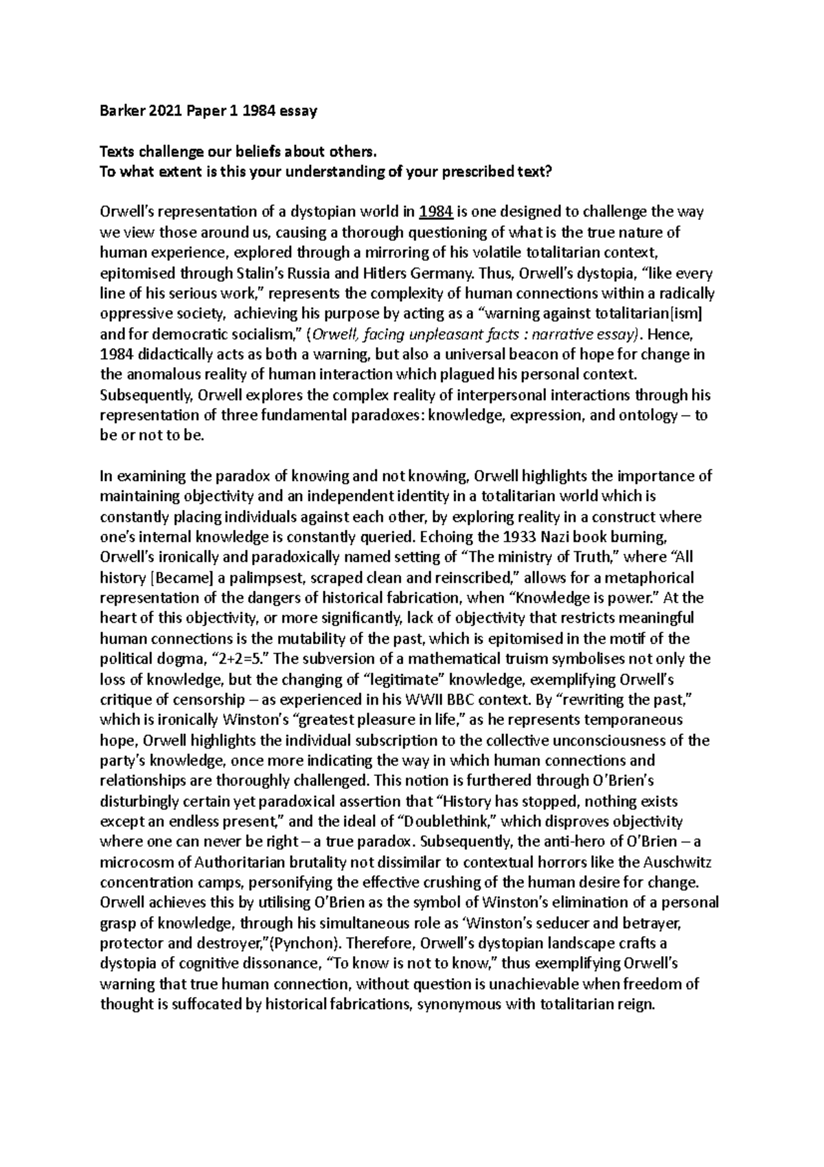 Barker 2021 Paper 1 1984 essay - Barker 2021 Paper 1 1984 essay Texts ...