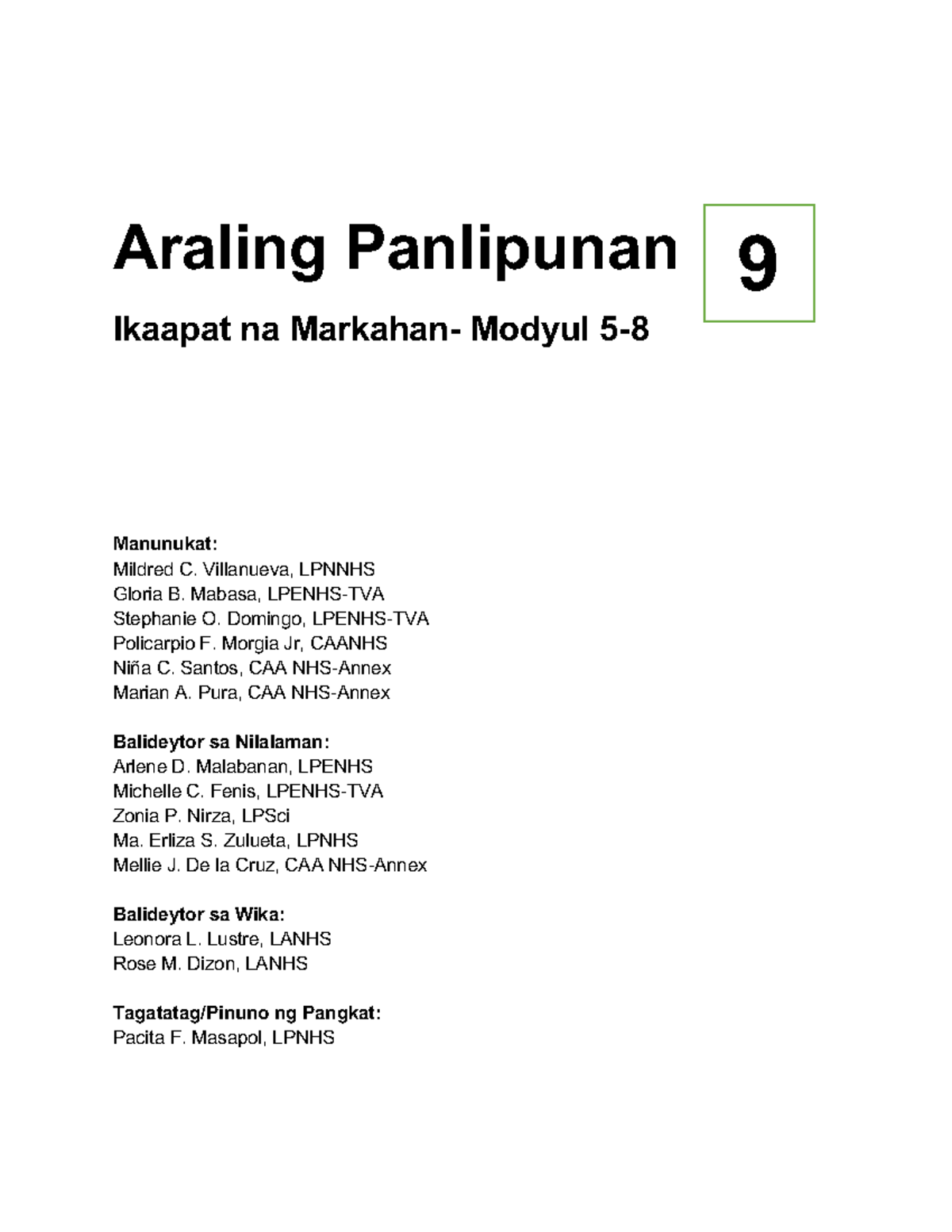 AP9 Week 5-8 - quarter 4 araling panlipunan 9 - Araling Panlipunan Ikaapat na Markahan- Modyul 5 ...