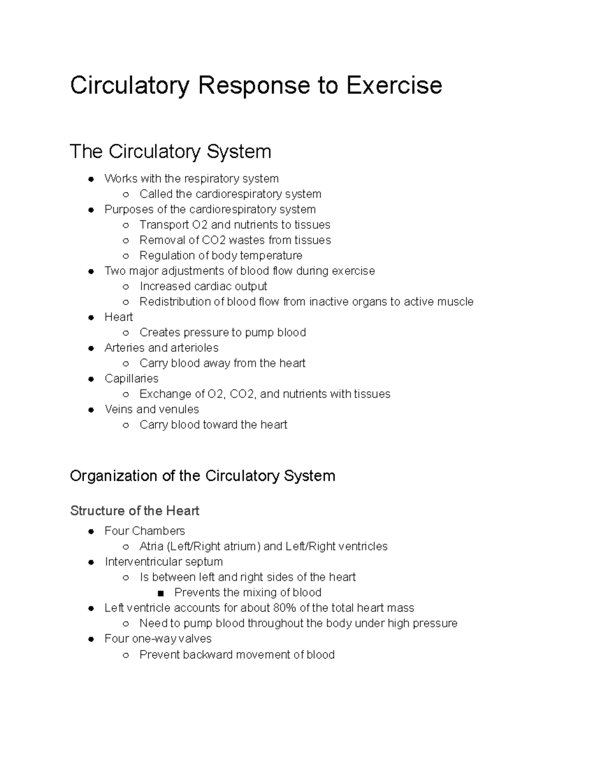 Circulatory System - Circulatory Response to Exercise The Circulatory ...