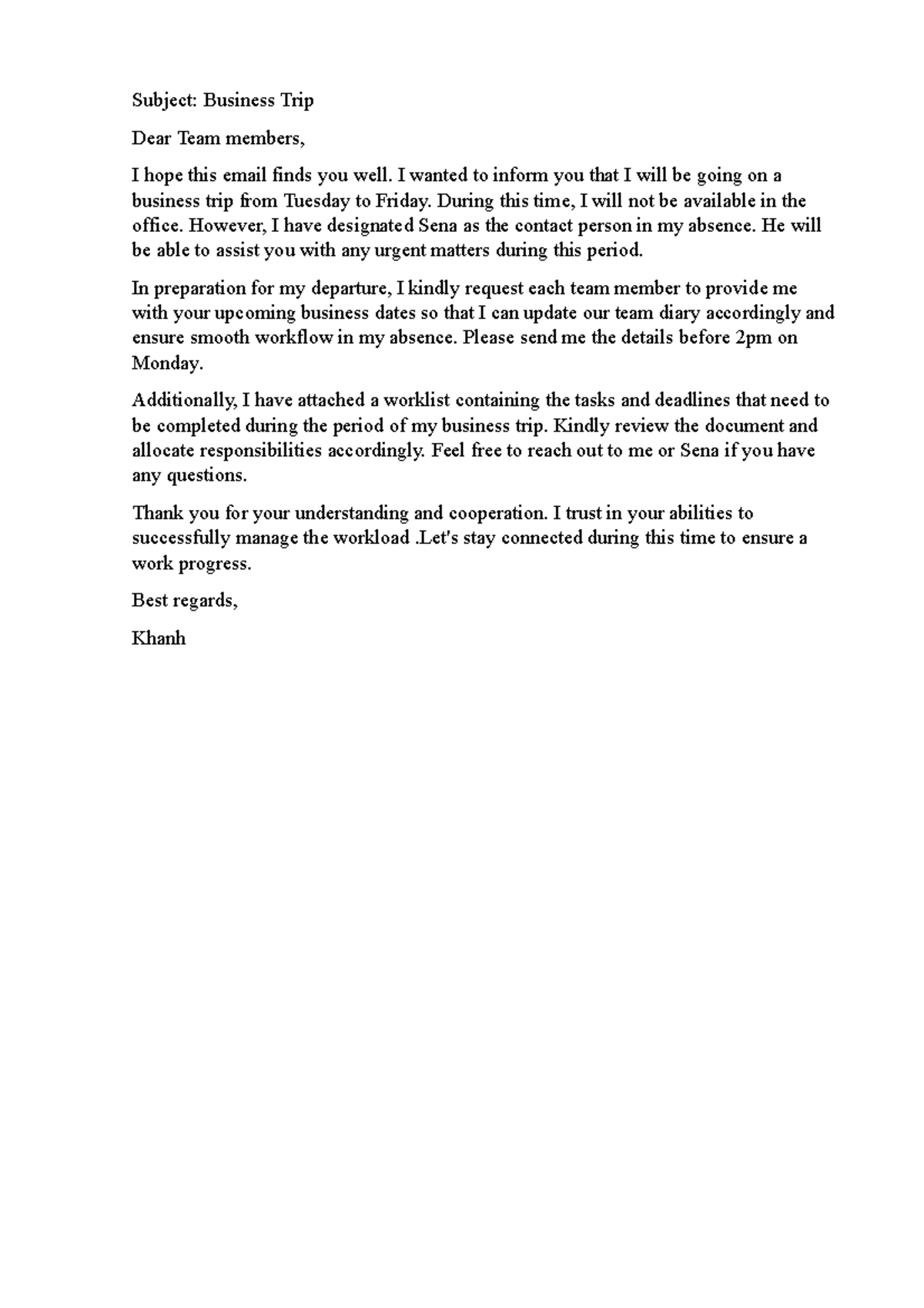 Writing 2 TATM1 - Subject: Business Trip Dear Team members, I hope this ...