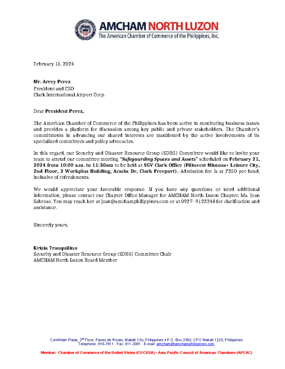 Letter of Invitation- CIAC - February 15, 2024 Mr. Arrey Perez ...