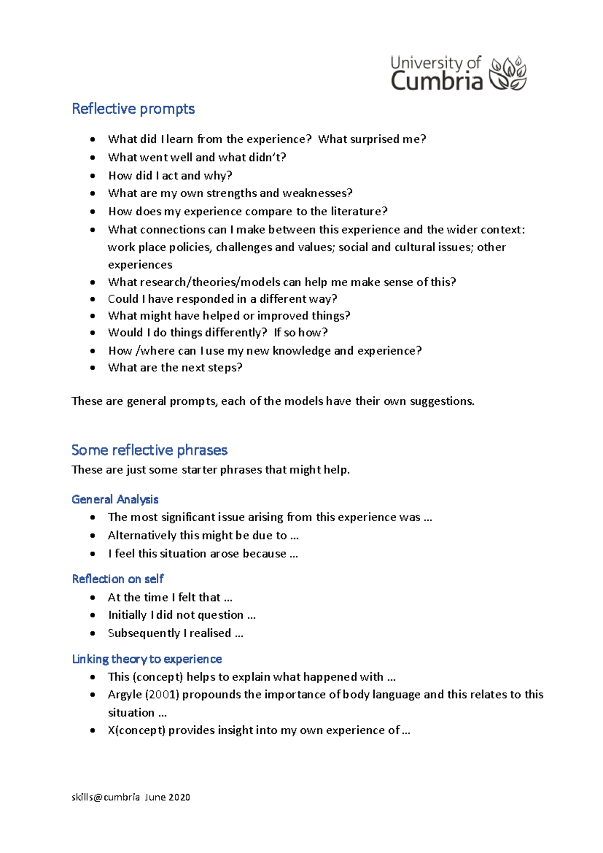 Promptsfor Reflective Writing - skills@cumbria June 2020 Reflective ...